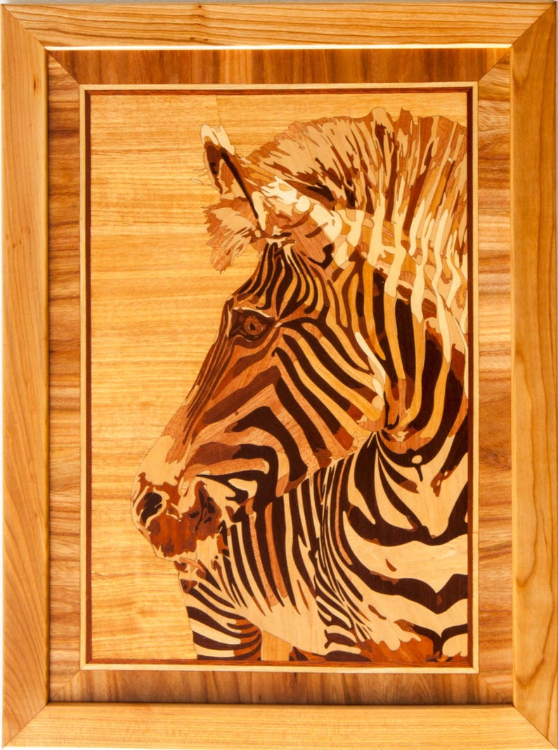 Wood Mosaic 23x17 Inlay FRAMED Zebra Wildlife Africa Wild Nature Eco ...