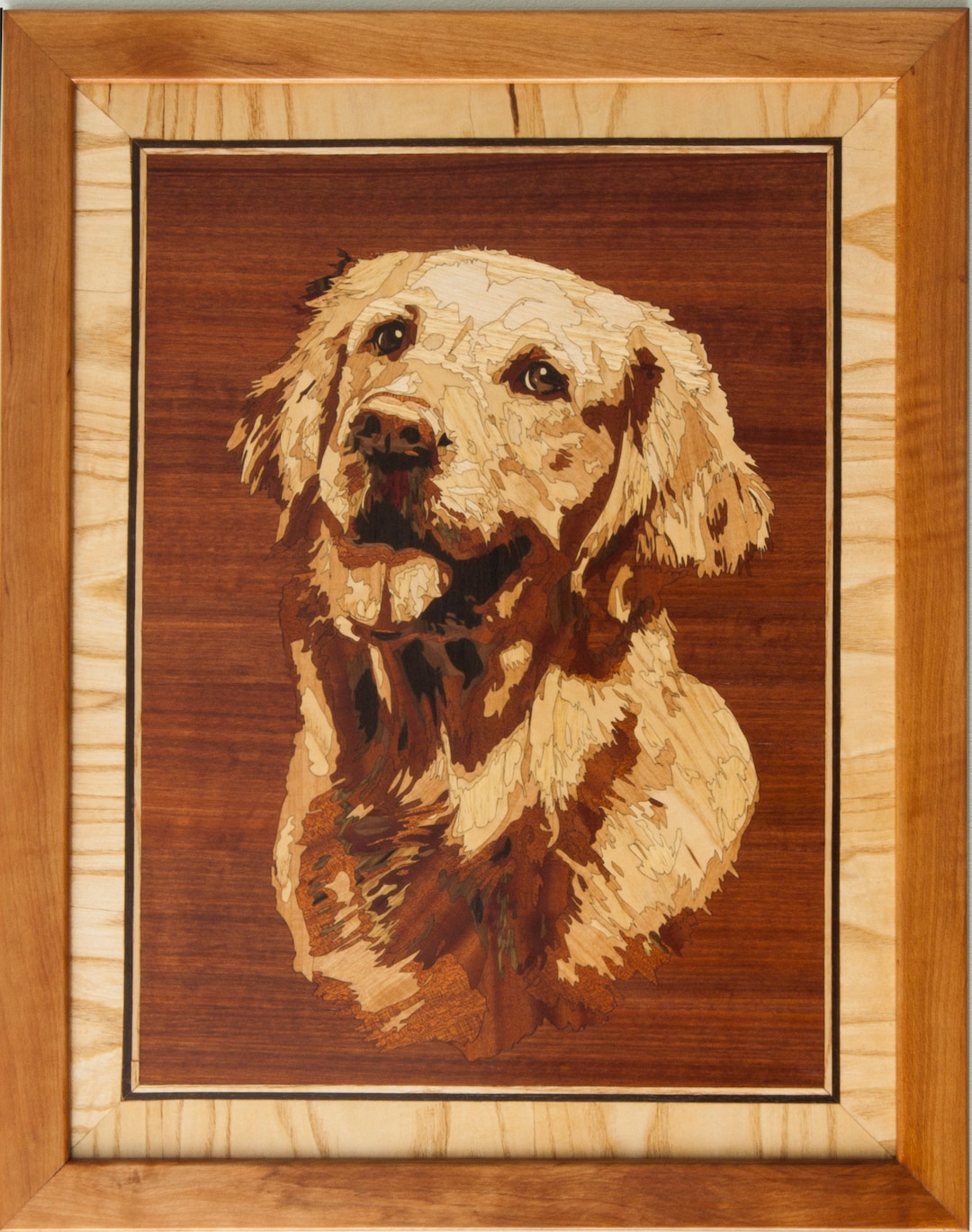 Wood Mosaic 28x22 Inlay FRAMED Golden Retriever Dog Portrait Panel ...