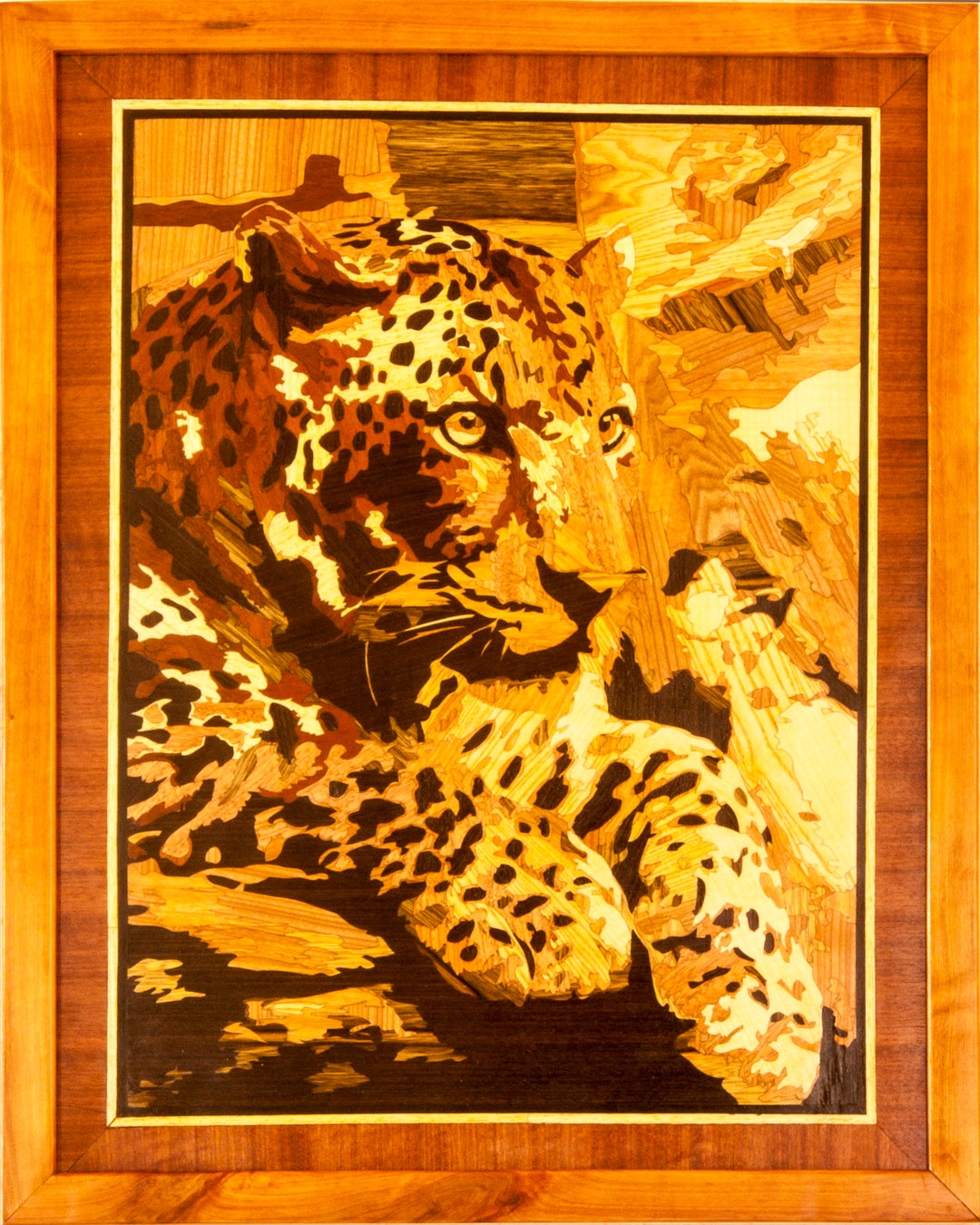 Wood Mosaic 30x24 Inlay FRAMED Leopard Wildlife Wild Nature Eco Gift ...
