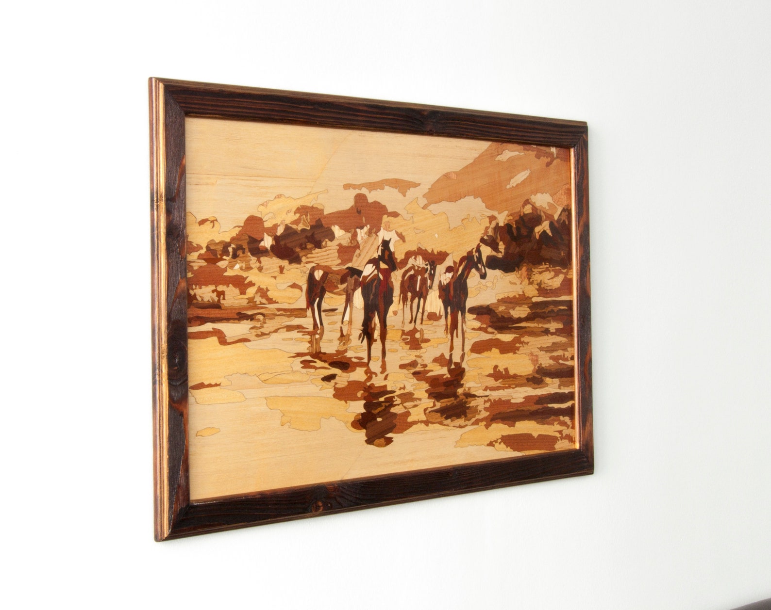 Wood Mosaic 33x22 Inlay FRAMED Horses Landscape Vintage Home Decor ...