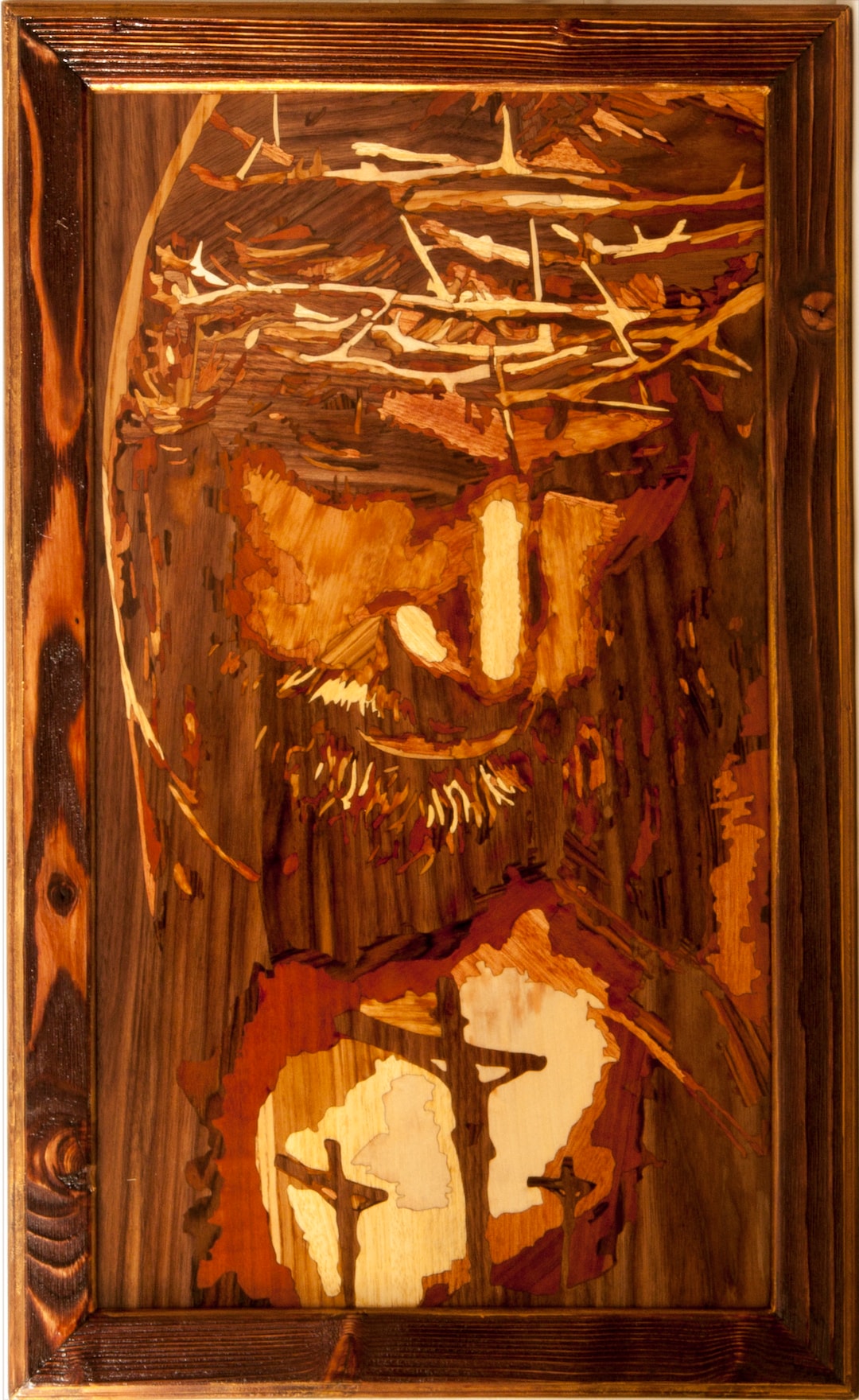 Wood Mosaic 24x17 Inlay FRAMED Jesus Christ Picture Christian Savior ...