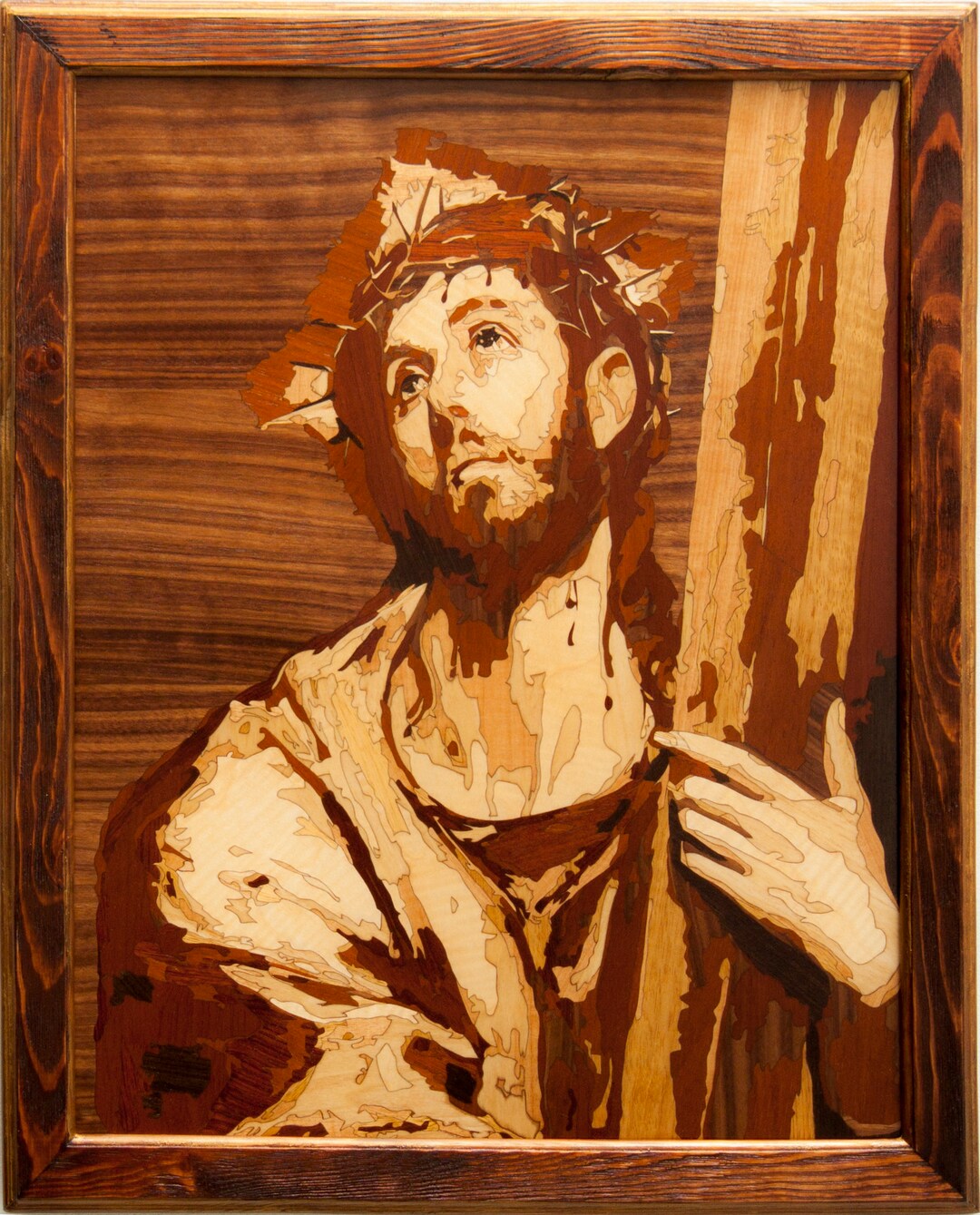 Wood Mosaic 25x20 Inlay FRAMED Jesus Christ El Greco Style Marquetry ...