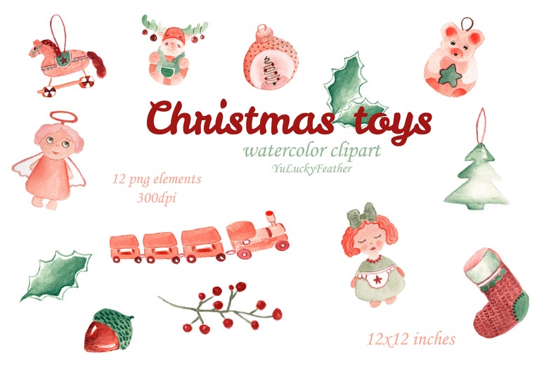 Christmas Toys Watercolor Clipart Set 300 Dpi 12x12inches 12 Elements ...