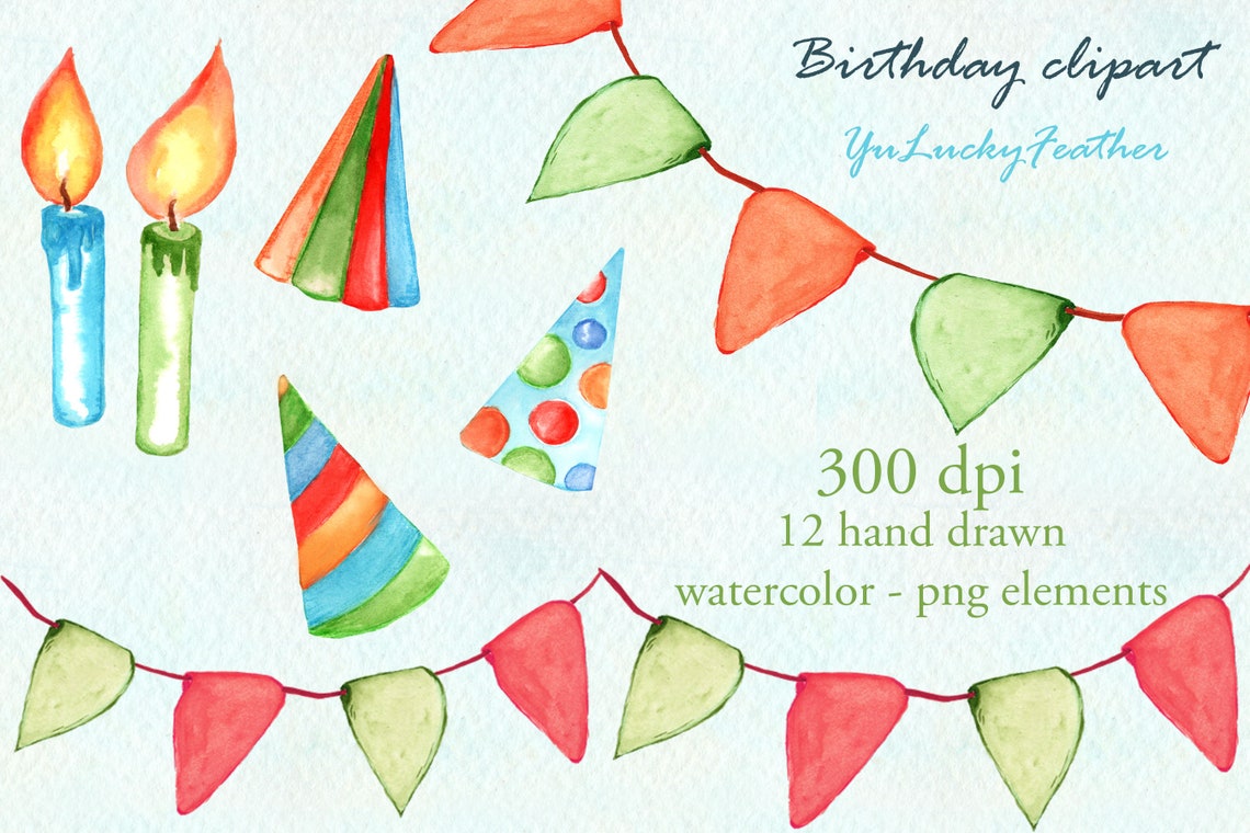 Birthday Watercolor Quotes and Clipart Set 12 Hand Drawn Elements PNG ...