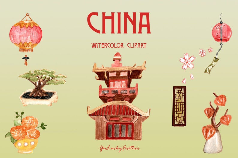 China Watercolor Clipart - Png - 300dpi - 12x12 Inches - Instant ...