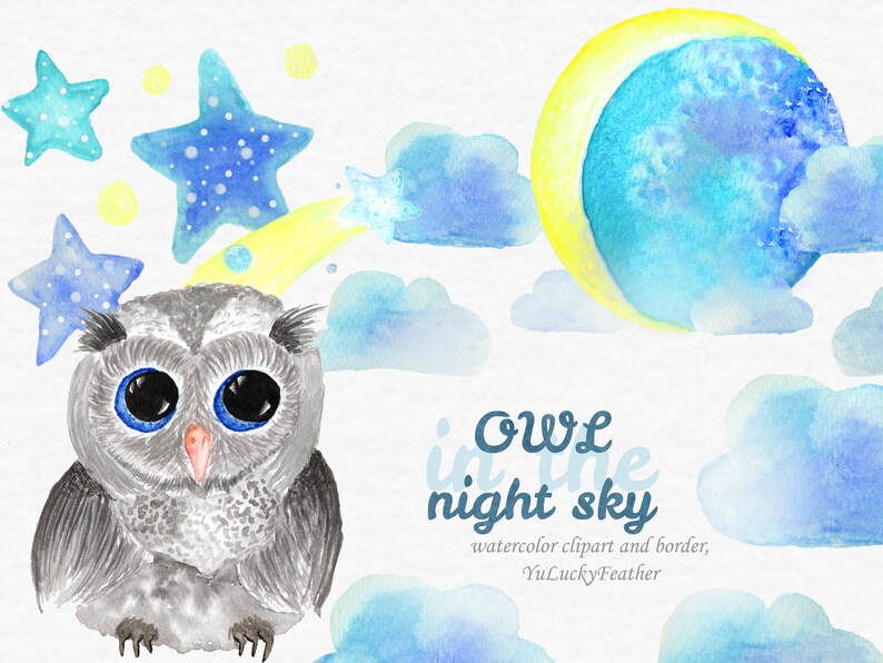 Cute Owl in the Night Sky - Cute Watercolor Clipart - PNG ...