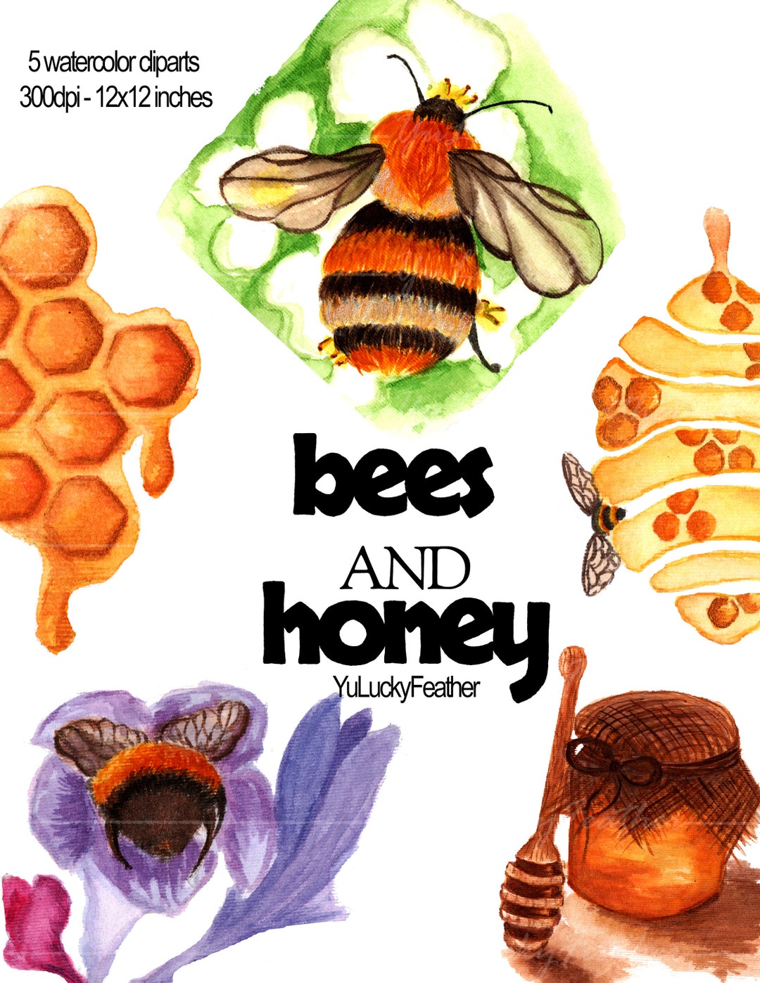 Bees and Honey Watercolor Clipart, 5 Png Files, 12x12 Inches, Instant ...