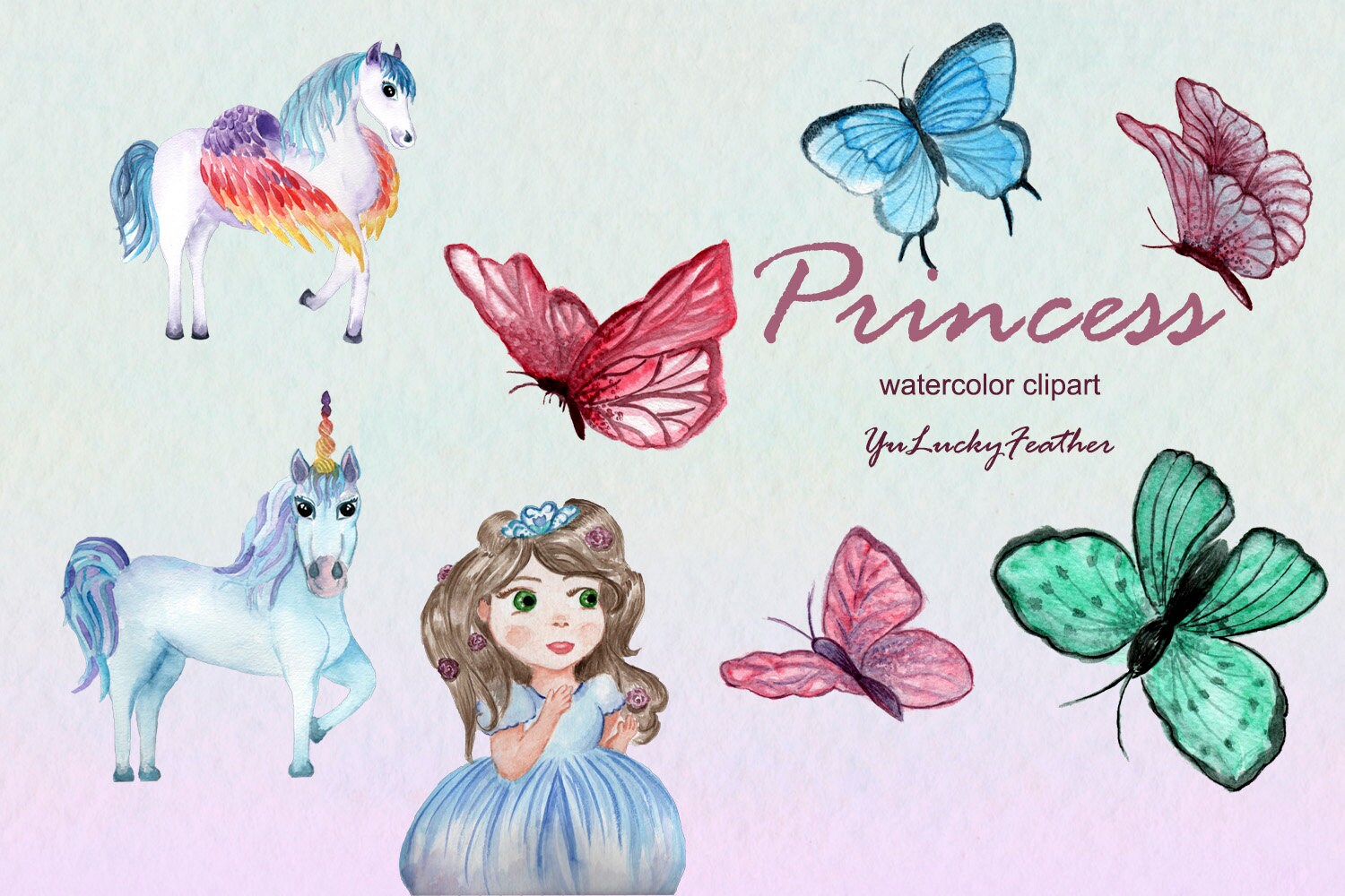 Princess Watercolor Clipart Hand Drawn- Png - 300dpi - Instant Download ...
