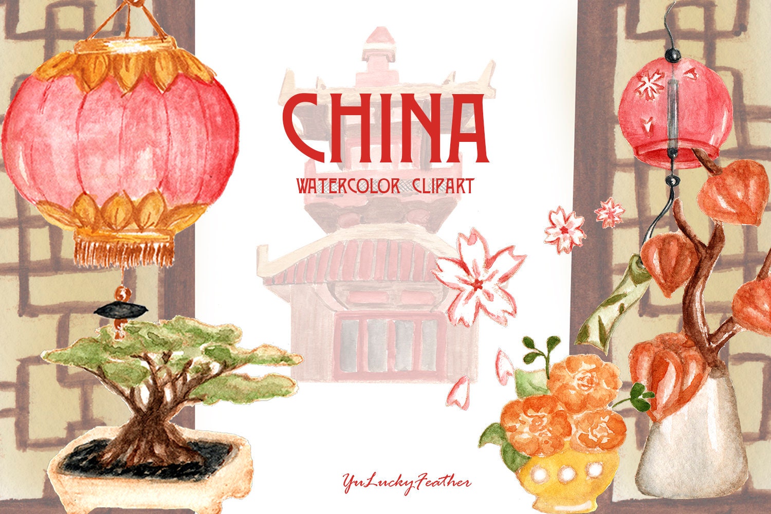China Watercolor Clipart - Png - 300dpi - 12x12 Inches - Instant ...