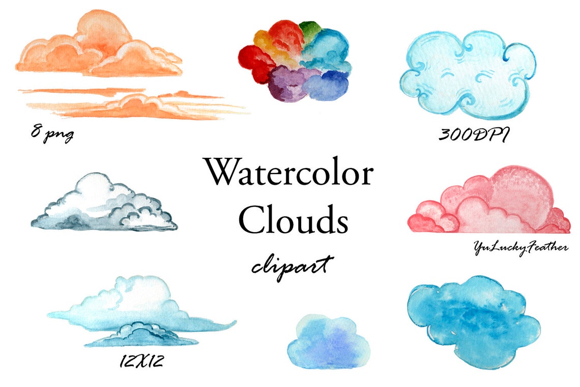 Watercolor Clouds Clipart - Hand Drawn PNG Elements - 300dpi - Instant ...