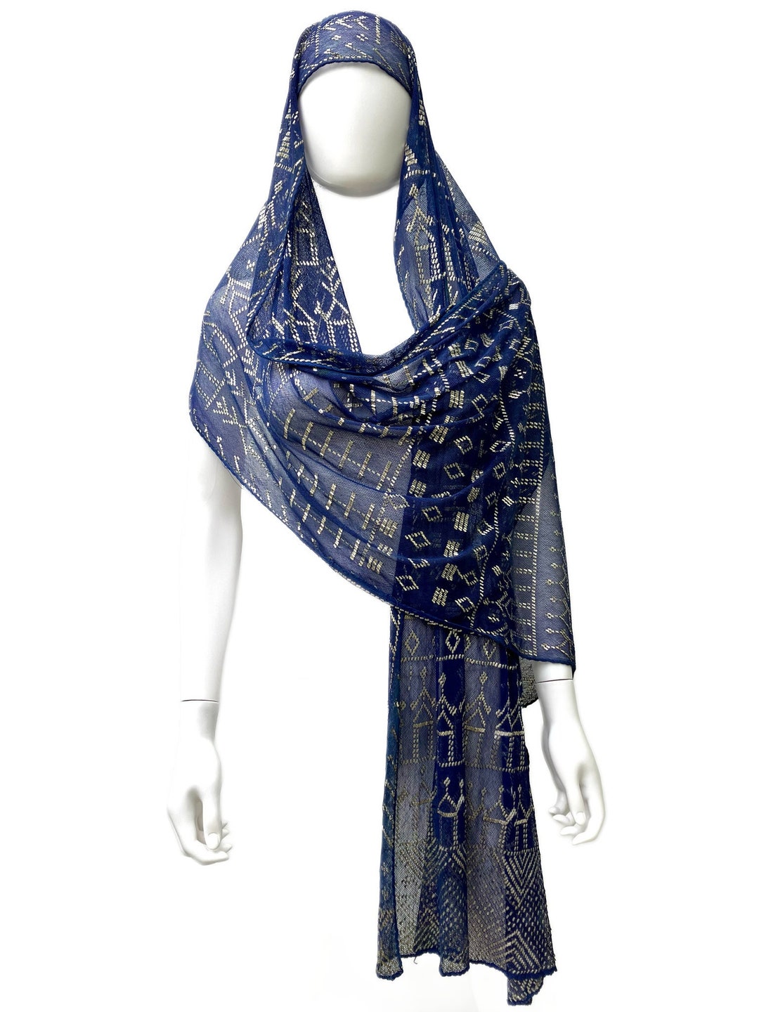 Antique 1920s Assuit Egyptian Art Deco Heavy Blue Mesh Shawl ...