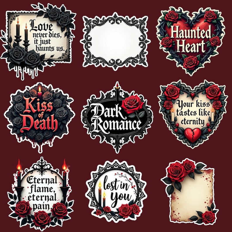 Dark Gothic Romance Quote Stickers Clipart PNG Pack of 25 Digital ...