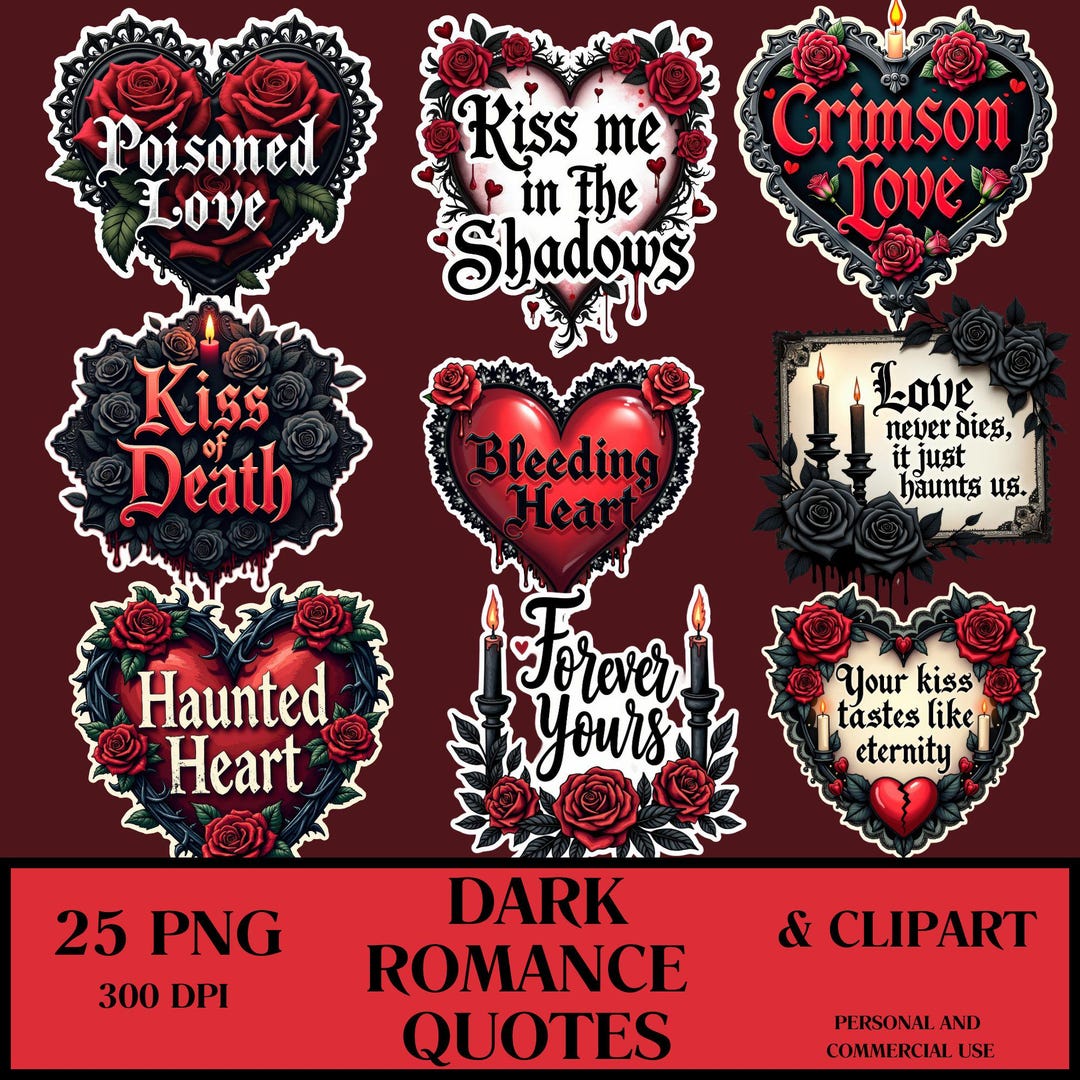 Dark Gothic Romance Quote Stickers Clipart PNG Pack of 25 Digital ...