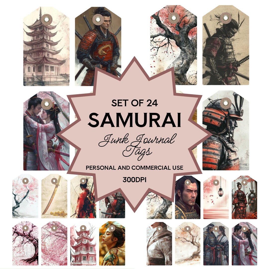 Samurai Junk Journal Printable Tags Kit Digital Ephemera 4 and 8 Tags ...