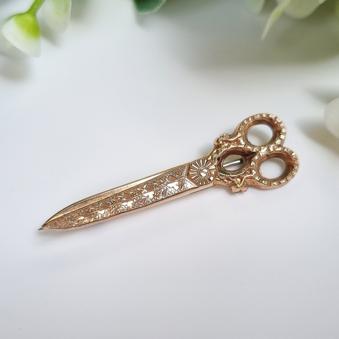 Victorian Gold Cased Scissors Brooch - Gift for Seamstress, Embossed ...