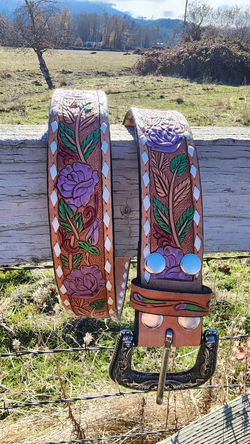 Pink Rose Womans Tooled Western Style Floral Tooled Flower - Etsy