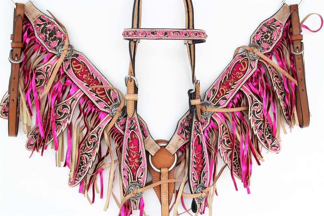 Made to Order Hot Pink Leaf Fringe Headstall Leather Western Horse ...