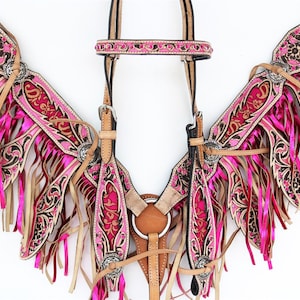 Made to Order Hot Pink Leaf Fringe Headstall Leather Western Horse ...
