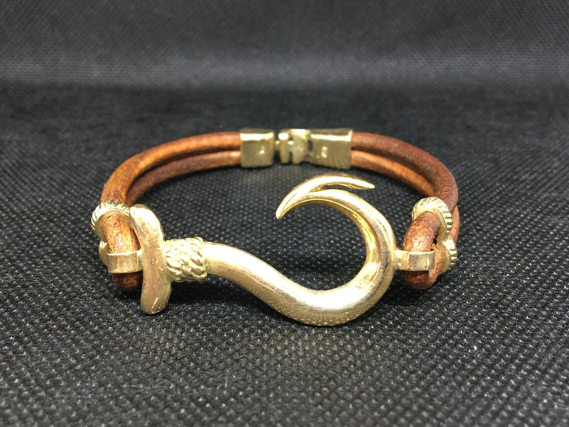 Leather and Gold Nautical Fishing Hook Bracelet - Etsy