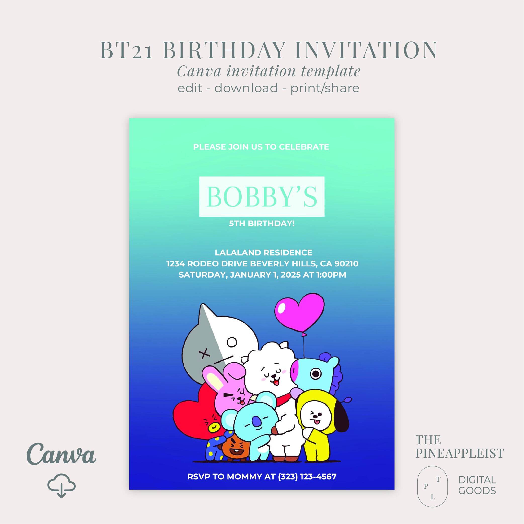 TPL // BT21 BTS Birthday Invitation Template Design by Irene Herbst - Etsy