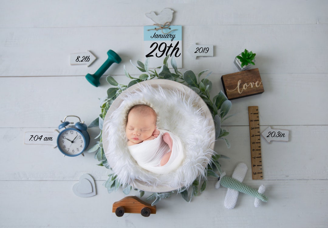 Newborn Baby Birth Announcement Photography Digital Backdrop Boy Prop ...