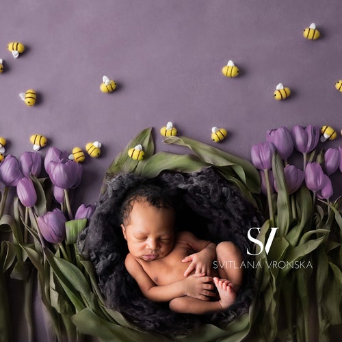 Newborn Digital Backdrop Purple Tulips With Bees Newborn - Etsy