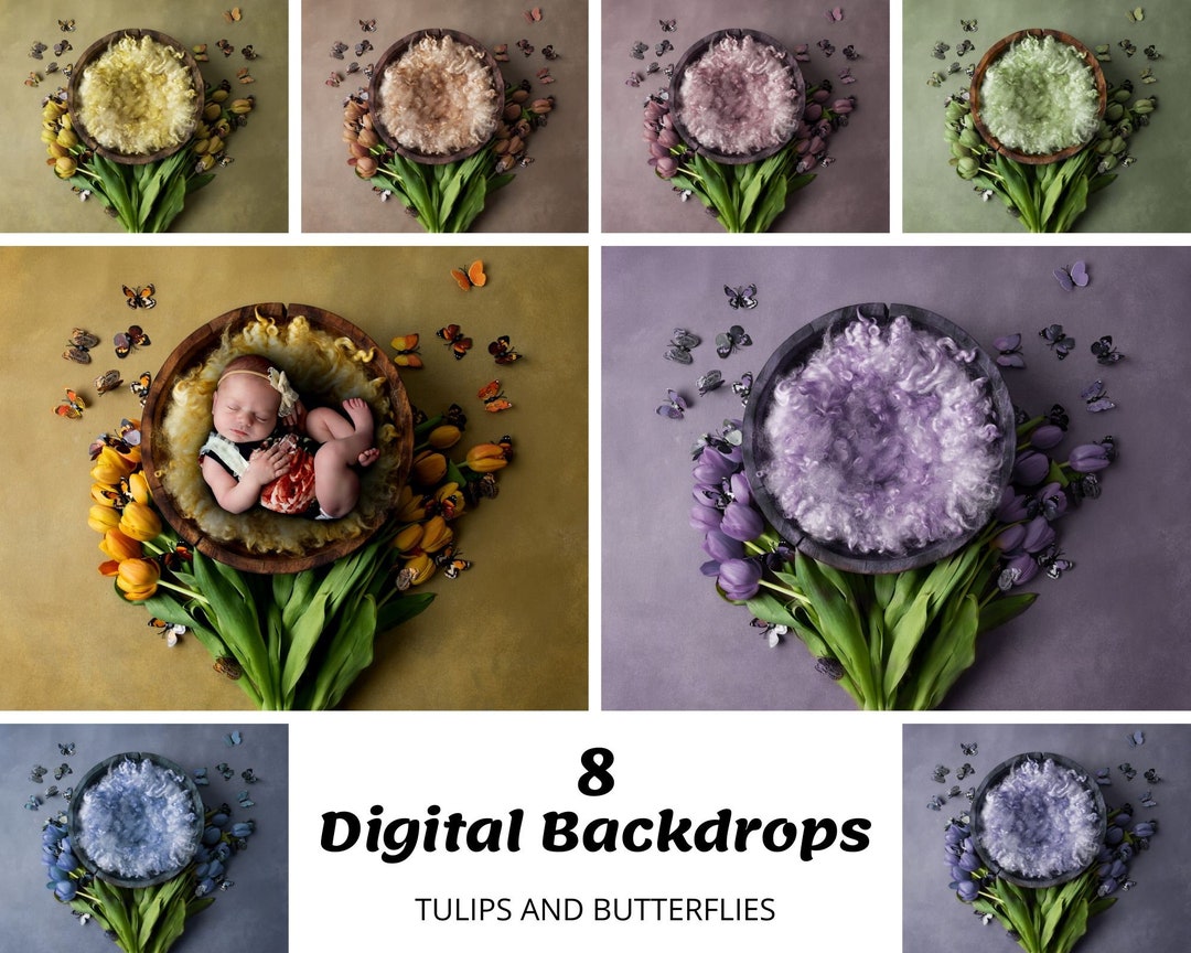 Newborn Digital Backdrop Set of 8 Varieties Butterflies Over Tulips ...