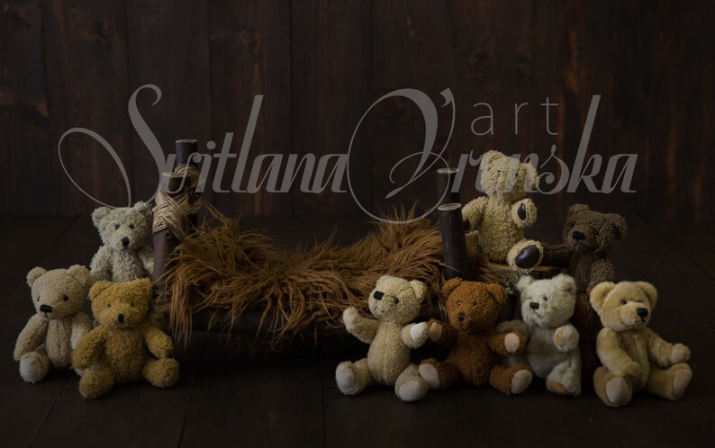 Digital Backdrop Adorable Teddy Bears Wooden Cabin Bed Newborn Prop ...