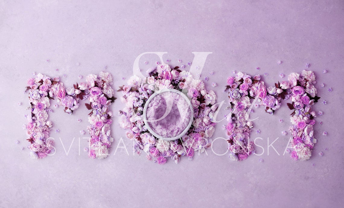 Newborn Digital Backdrop Written With Purple Flowers Word MOM - Etsy