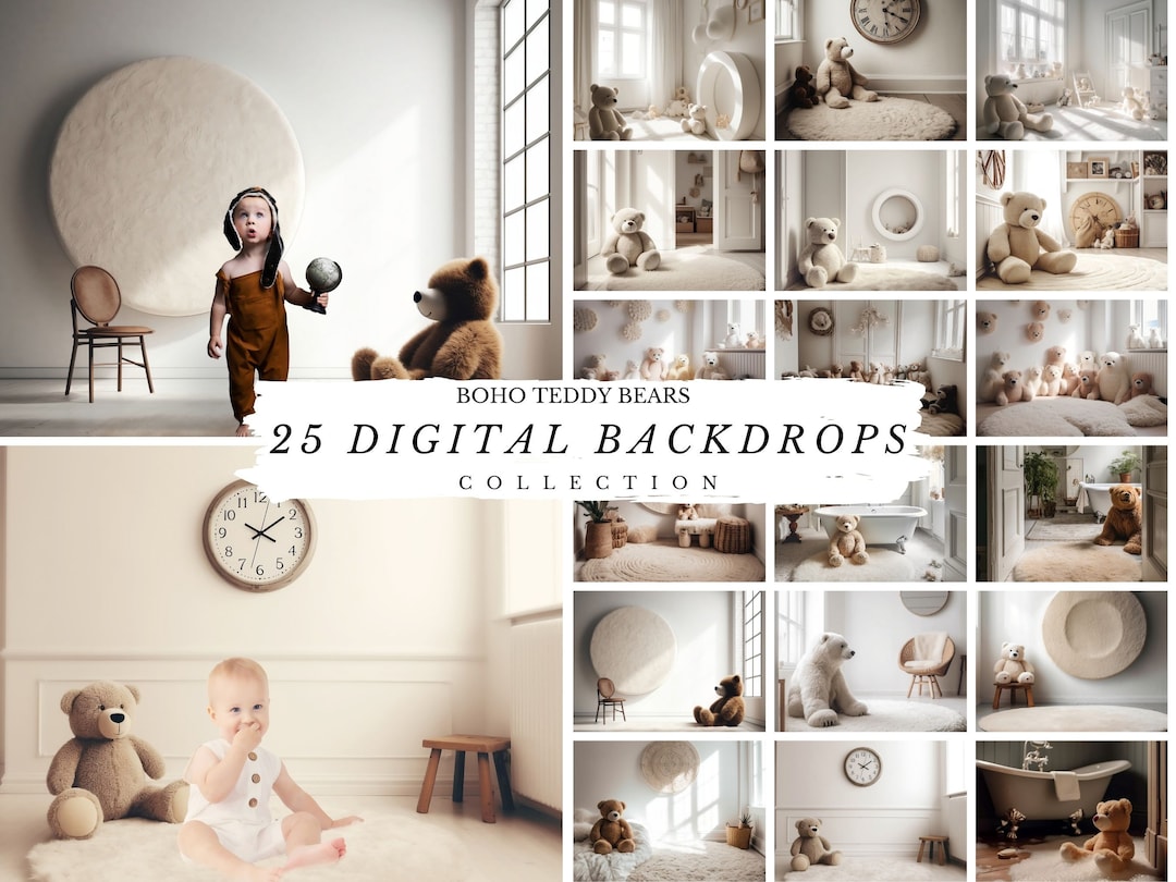 25 Digital Backdrops Boho Teddy Bears Collection, Toddler Digital ...