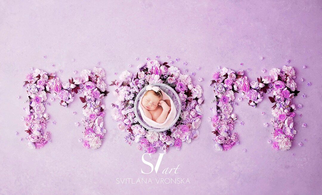 Newborn Digital Backdrop, Written With Purple Flowers Word MOM for ...