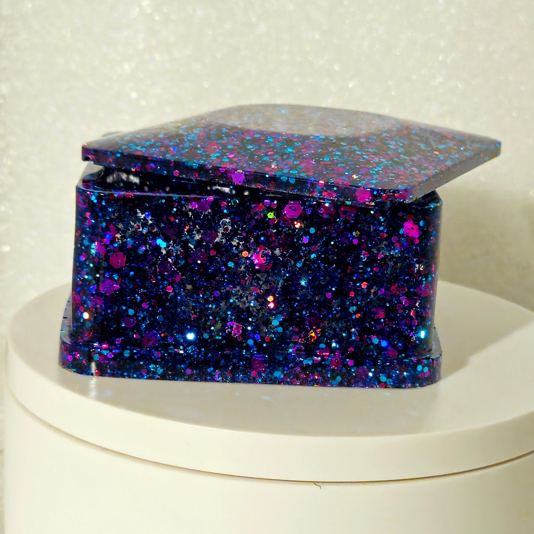 Glitter Square Jewelry Box , Hot and Turquoise Trinket Box Resin Epoxy ...