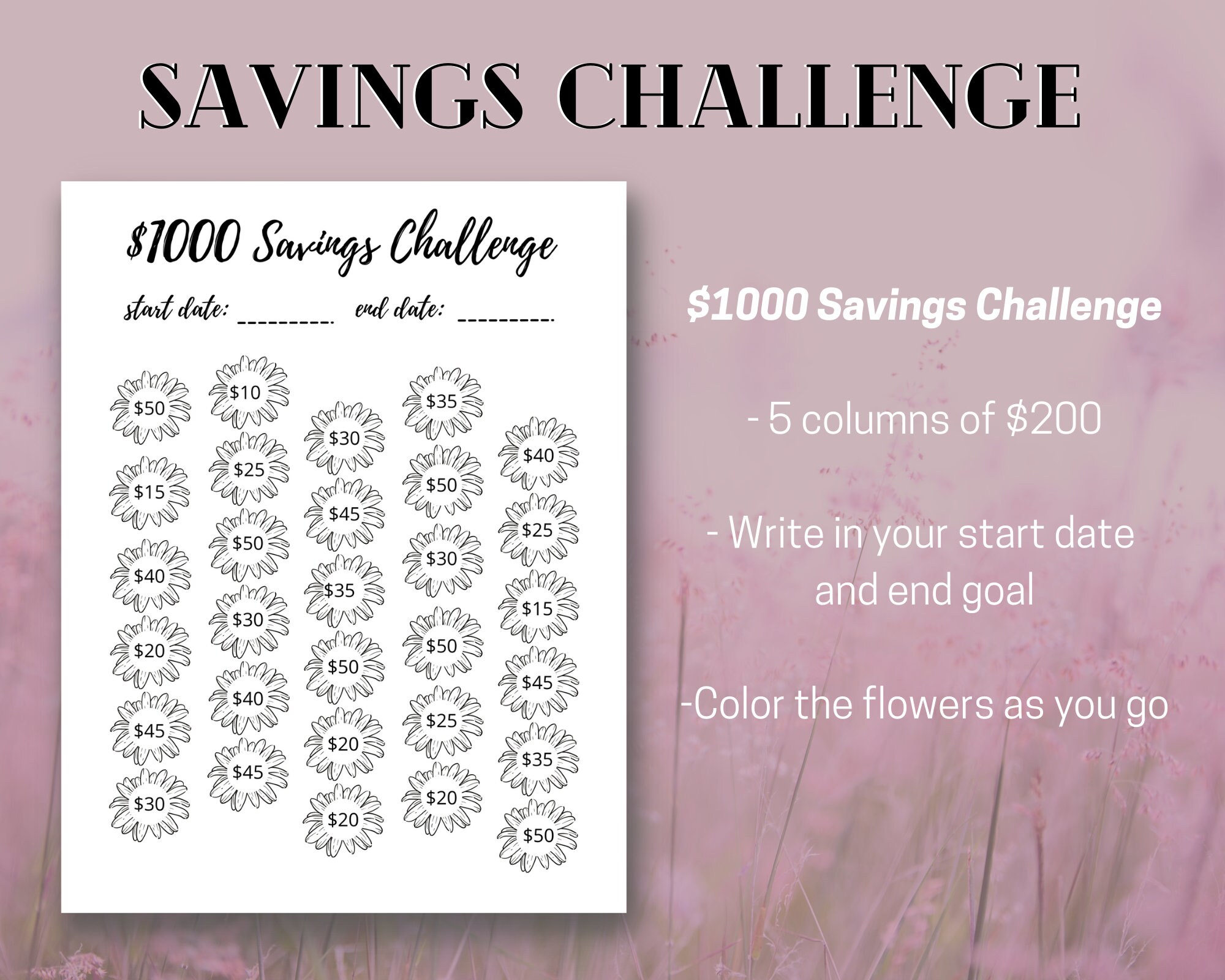 Savings Challenge Tracker Save 1k Downloadable Customizable Printable ...