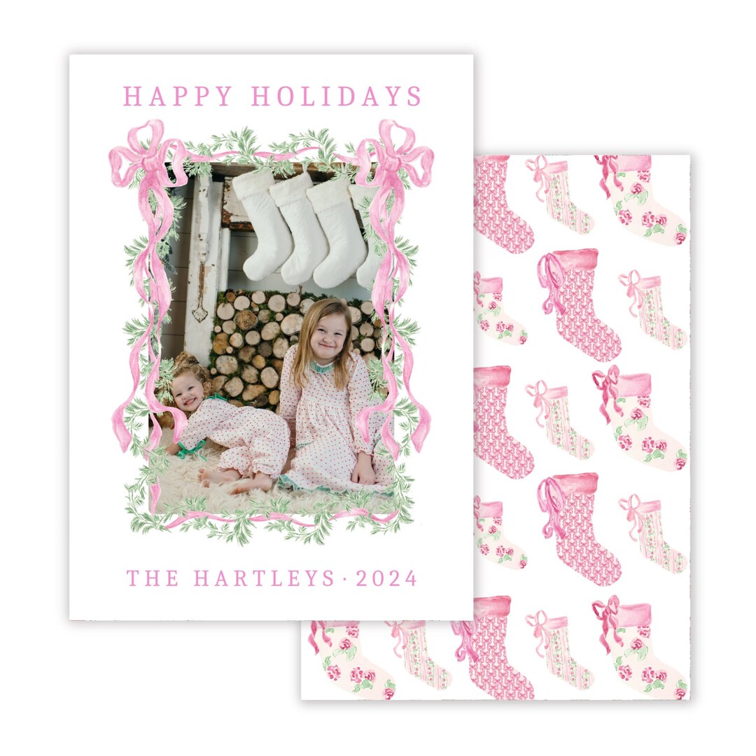 Pink Stocking Grand Millennial Christmas Card, Family Christmas Card - Etsy