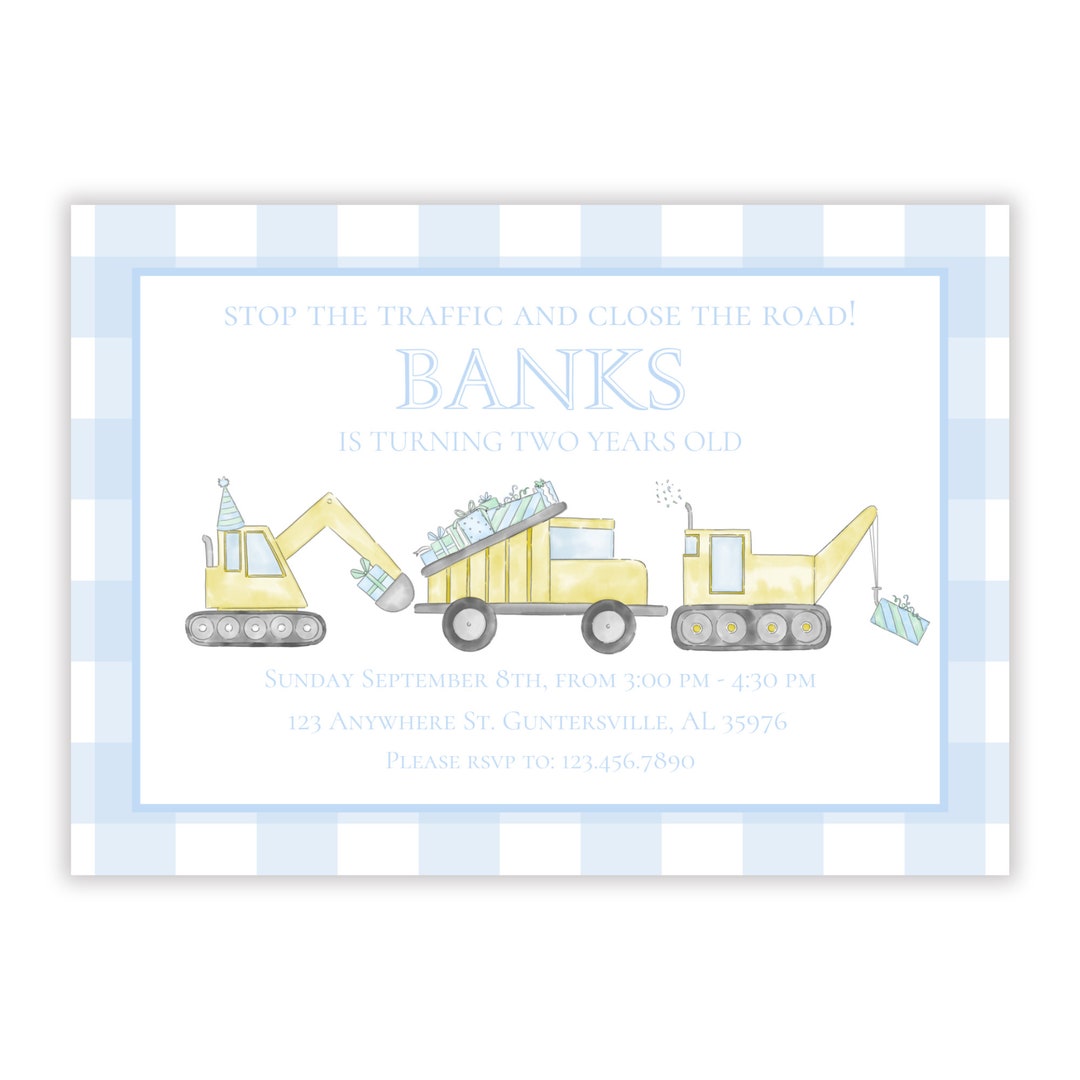 Construction Birthday Invitation, Blue Gingham Invitation - Etsy