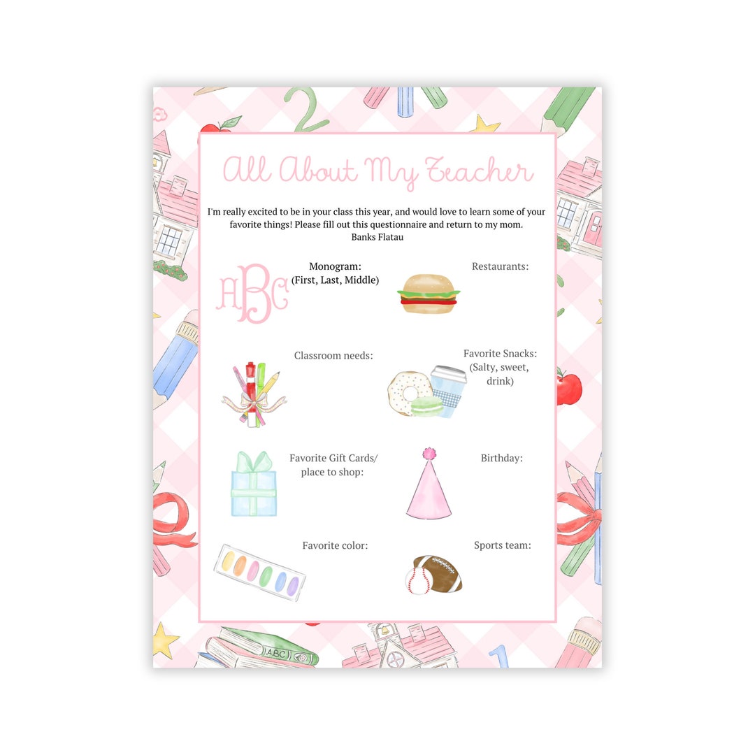 All About My Teacher Printable, Back to School, School - Etsy