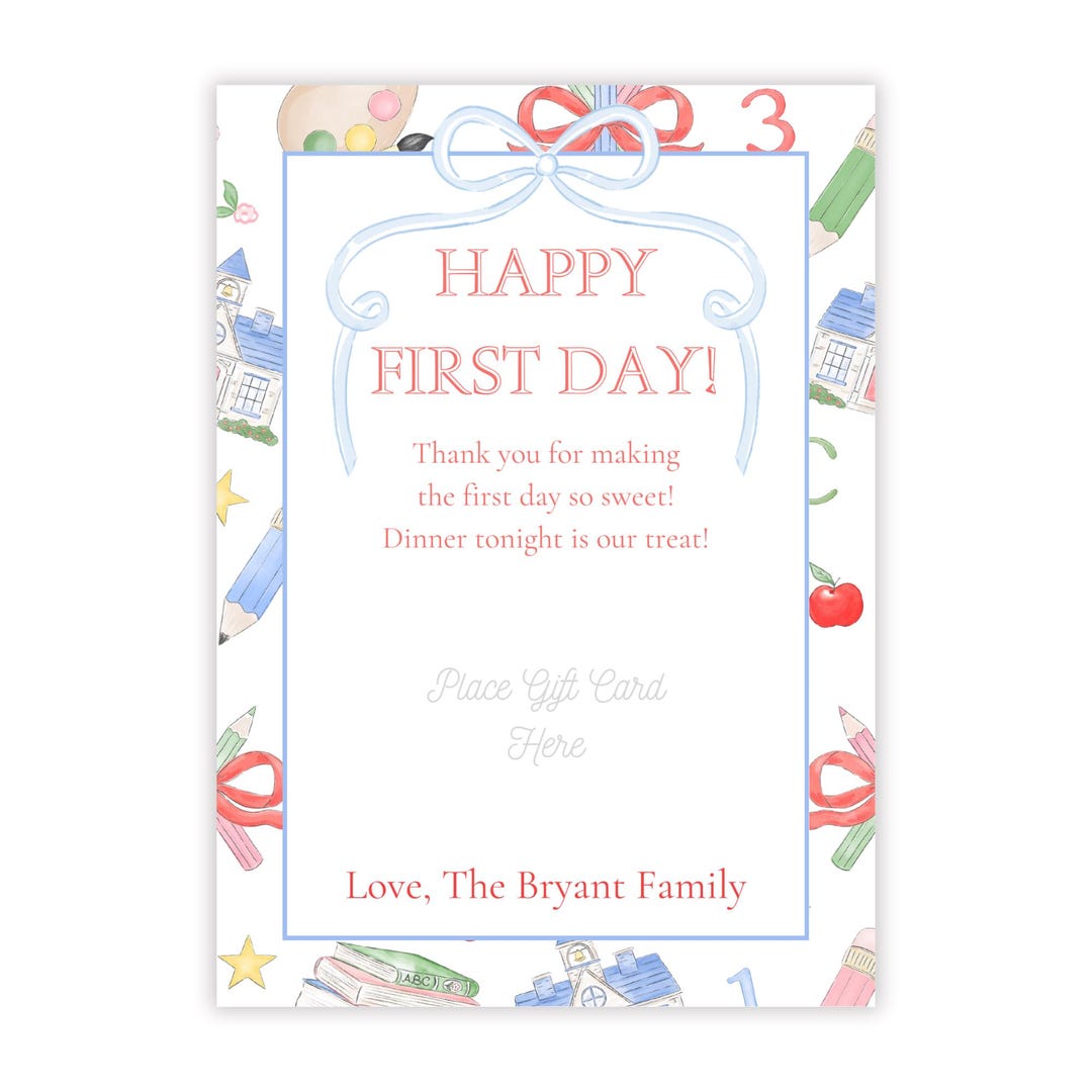 Printable First Day of School Gift Card Holder, Teacher Gift, Dinner ...