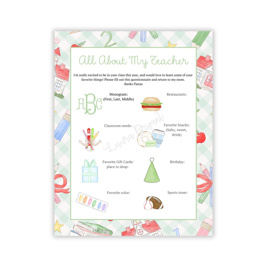 All About My Teacher Printable, Back to School, School - Etsy