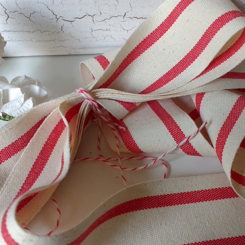 Red and Cream Ticking Stripe Cotton Ribbon by the Yard | Etsy