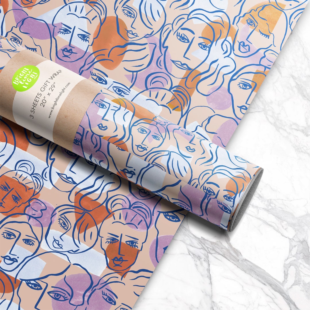 Feminine Wrapping Paper Sheets, Women's Faces Gift Wrap, Illustrated ...