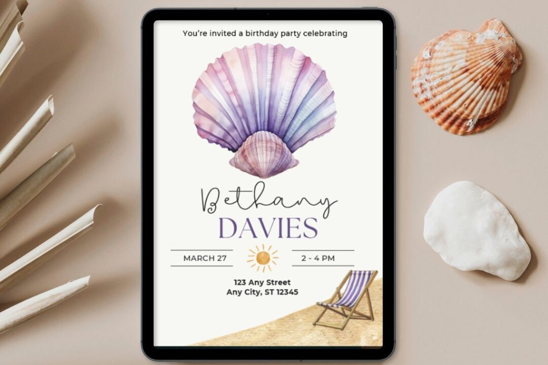 Beach Themed Seashell Clam Shell Birthday Invitation Digital Download ...