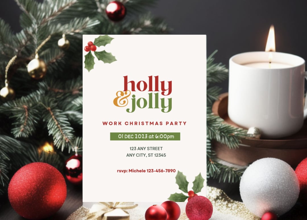 Holly & Jolly Work Christmas Party Invite, Invitation, Christmas Party ...