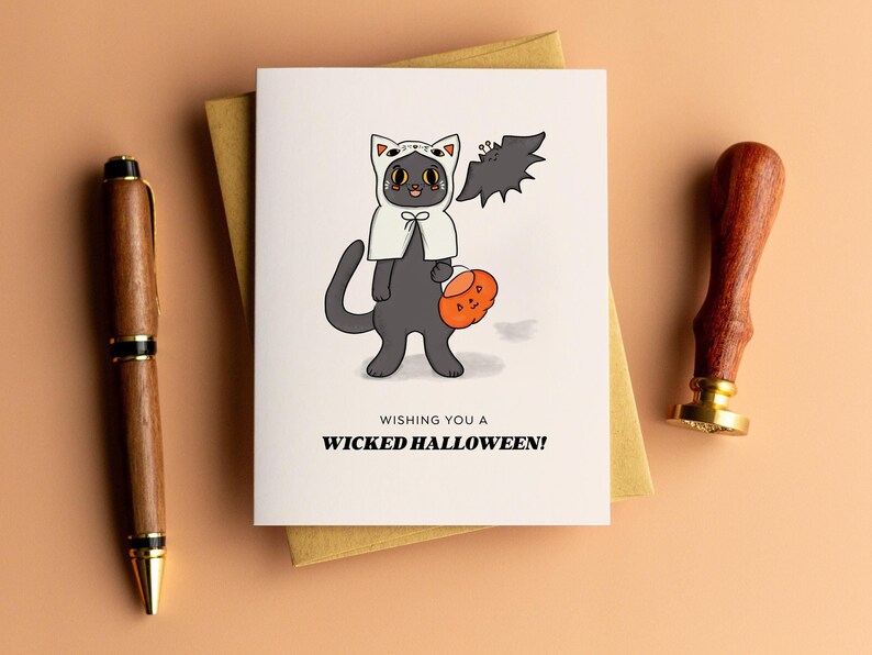 Funny Black Cat in Costume Halloween Card Black Cat Halloween Card Cute ...
