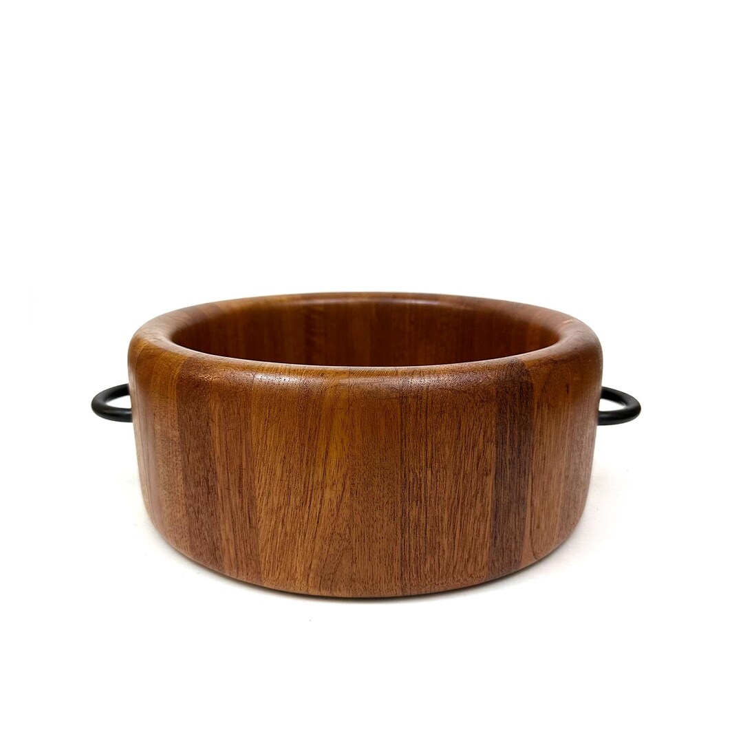 Flemming Digsmed Round Thick Teak Serving Bowl Iron Handles Centerpiece ...