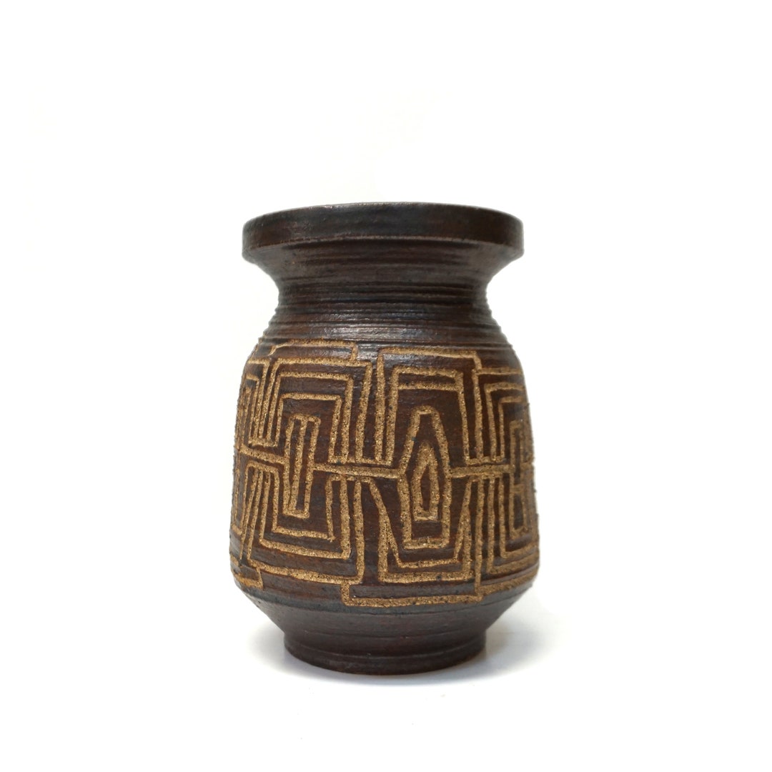 Modernist Incised Ceramic Vase Signed Anita Studio Pottery Brown ...