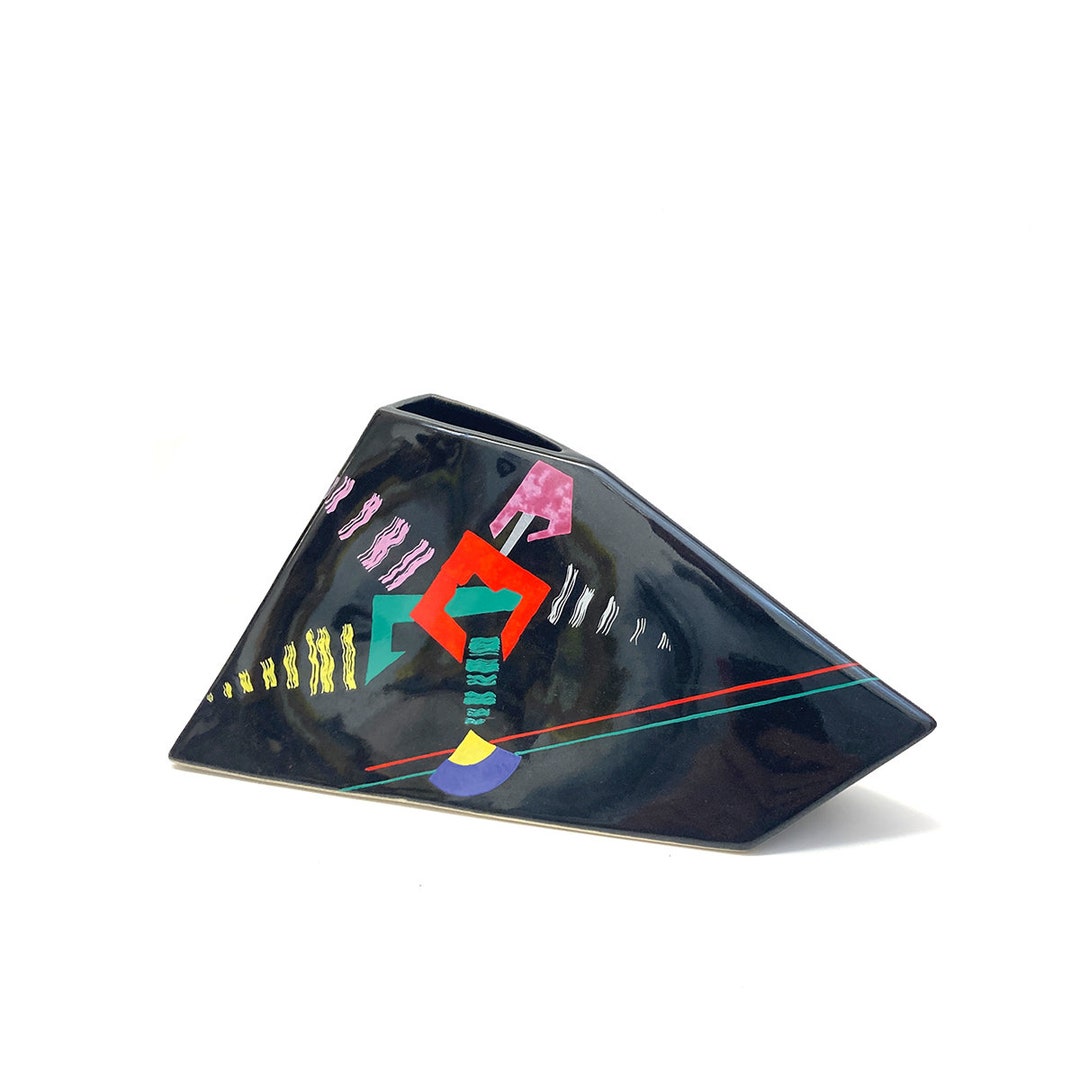 Toyo Post Modern Triangular Vase Gloss Black Glaze Red Green Yellow ...