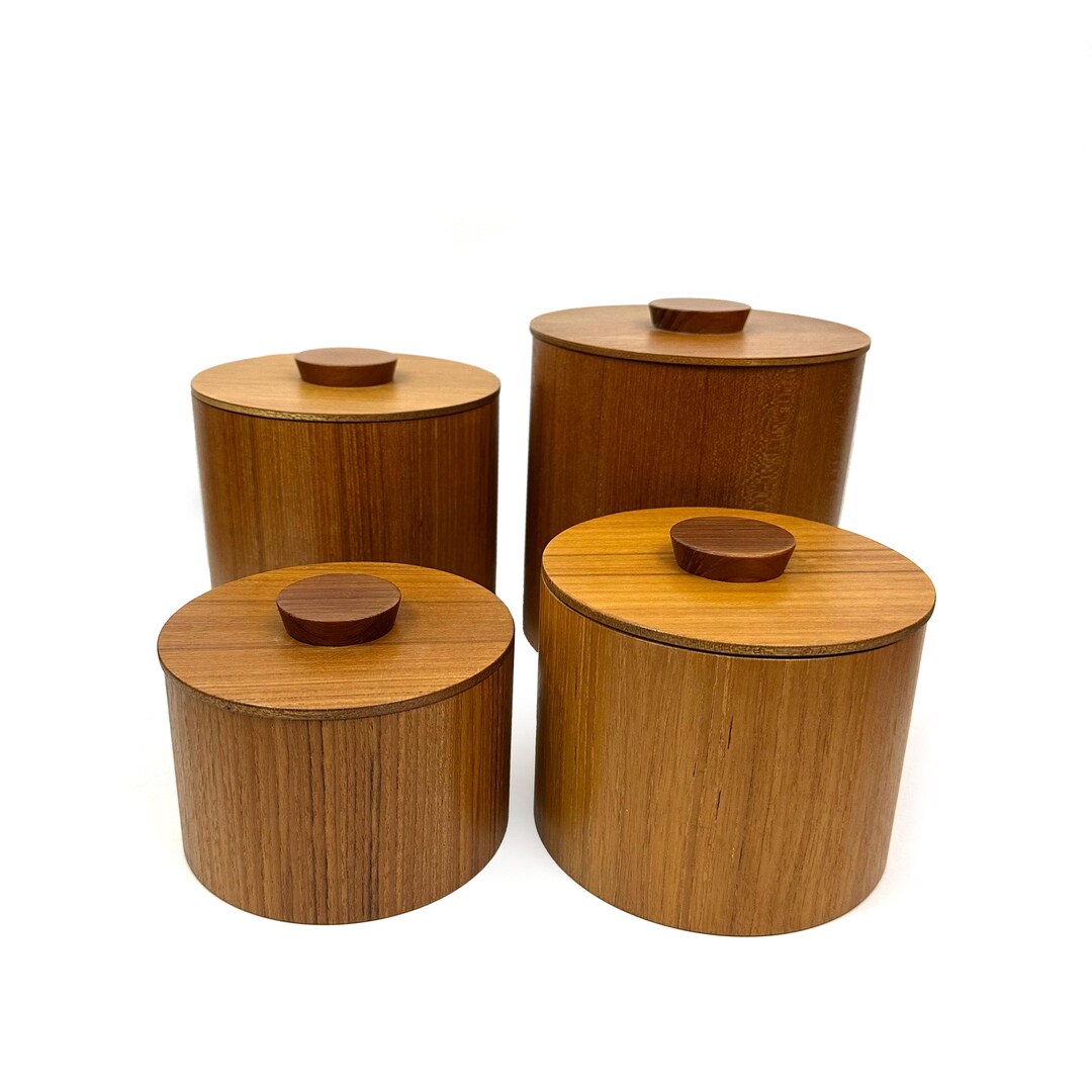 Set of 4 Teak Nesting Canisters W/ Lids Cylindrical Cans Containers ...