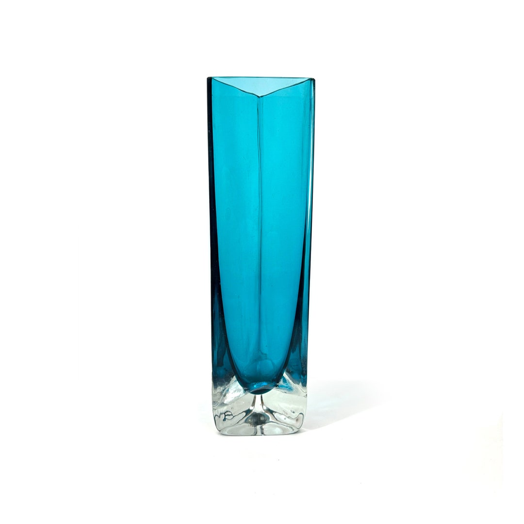 Gunnar Ander Lindshammar Triangular Glass Vase Blue Green Aqua Sweden ...