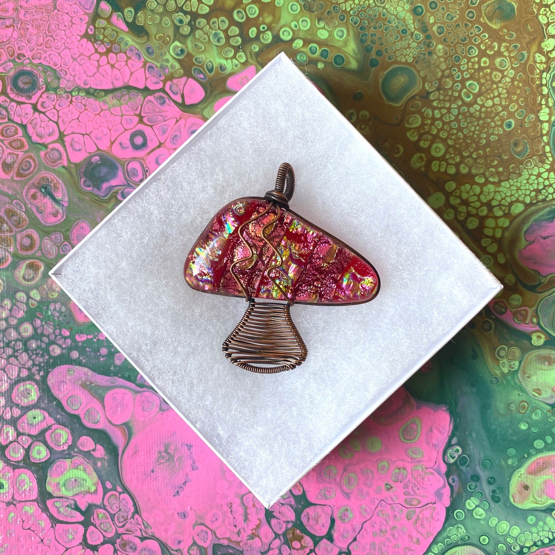 Pink and Green Dragon Dichroic Glass Cabochon Wire Wrapped Mushroom ...