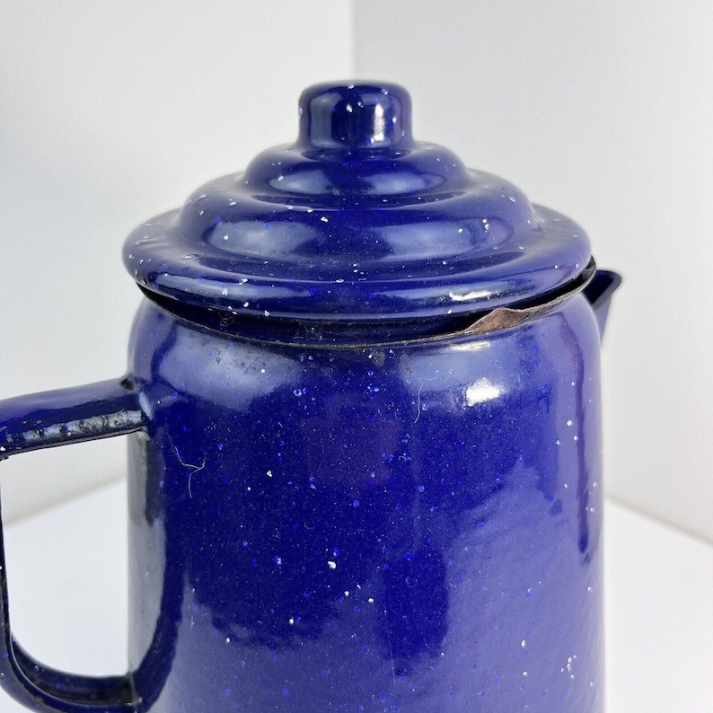 Vintage Blue Enamelware Camping Coffee Pot Speckled Cobalt Blue Decor ...